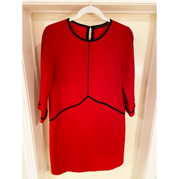Zara | Dresses | Zara Red Dress With Sleeves And Clean Black Stripes ...